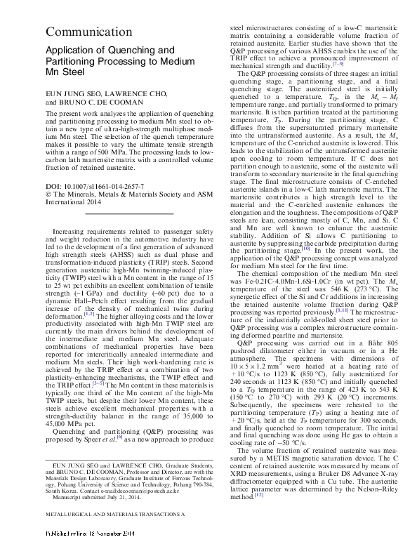 Pdf Application Of Quenching And Partitioning Processing To Medium Mn