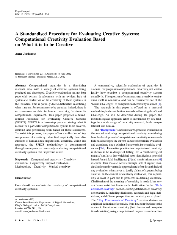 (PDF) A Standardised Procedure for Evaluating Creative Systems: Computational Creativity ...