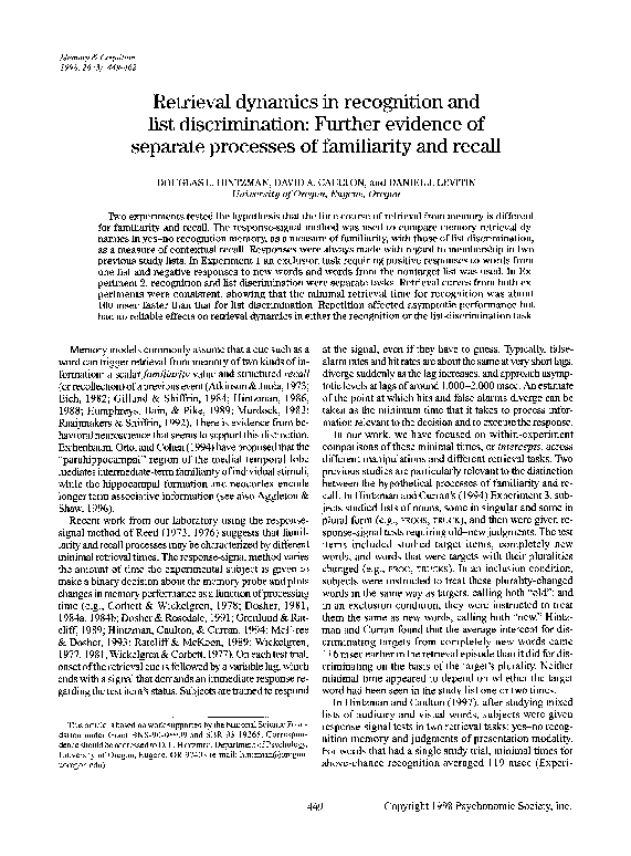(PDF) Retrieval dynamics in recognition and list discrimination: Further evidence of separate ...