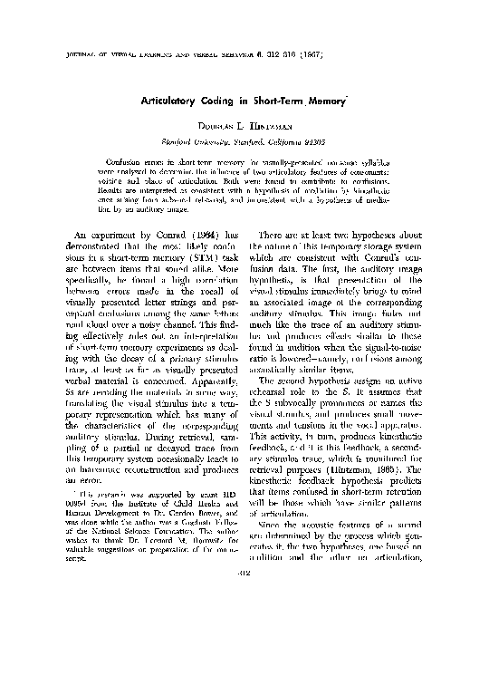 (PDF) Articulatory coding in short-term memory | Douglas Hintzman ...