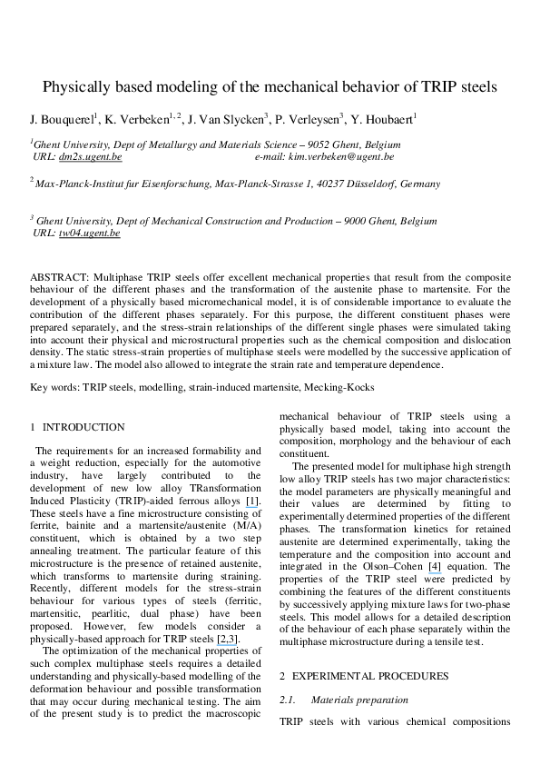 (PDF) Physically based modeling of the mechanical behavior of TRIP steels
