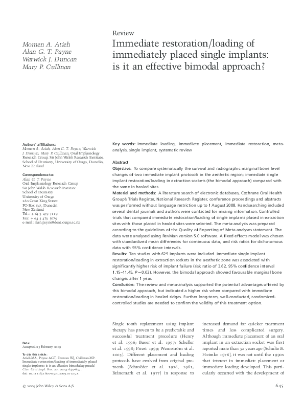 (PDF) Immediate restoration/loading of immediately placed single ...