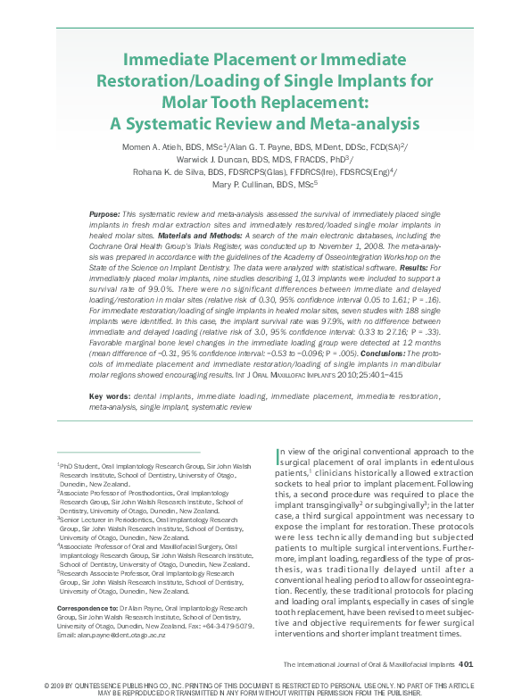 (PDF) Immediate placement or immediate restoration/loading of single implants for molar tooth ...
