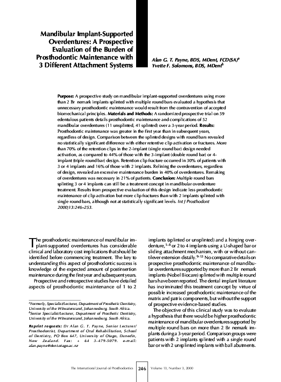 Mandibular Implant Supported Overdentures A Prospective Evaluation Of The Burden Of