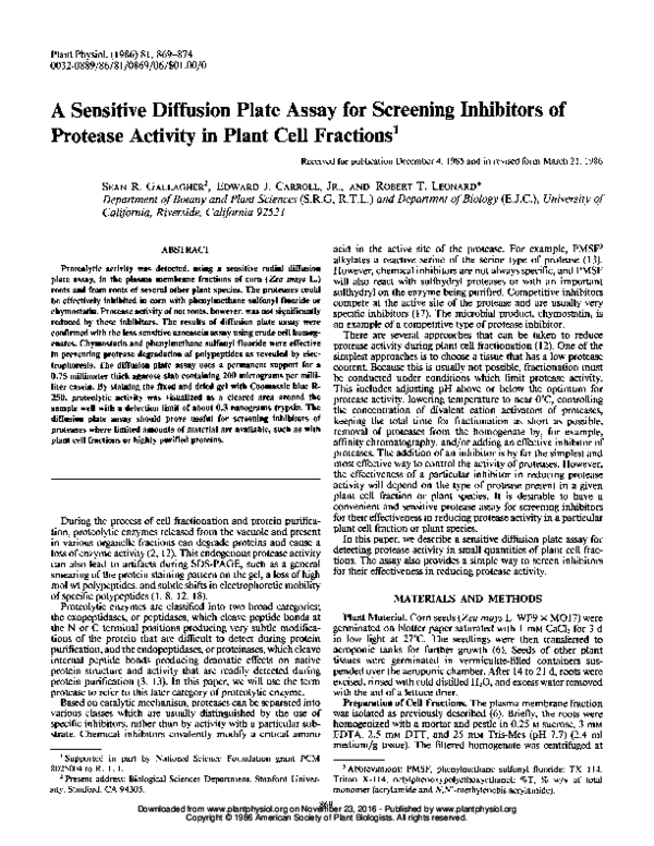 Pdf A Sensitive Diffusion Plate Assay For Screening Inhibitors Of Protease Activity In Plant