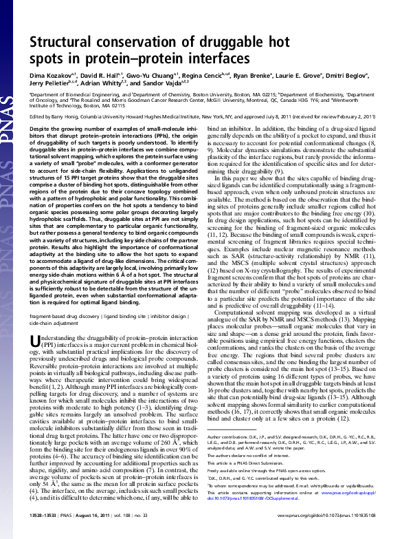 (PDF) Structural conservation of druggable hot spots in protein-protein interfaces