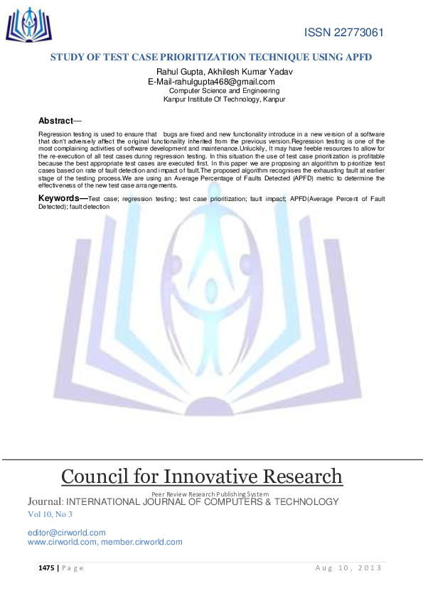 (PDF) STUDY OF TEST CASE PRIORITIZATION TECHNIQUE USING APFD