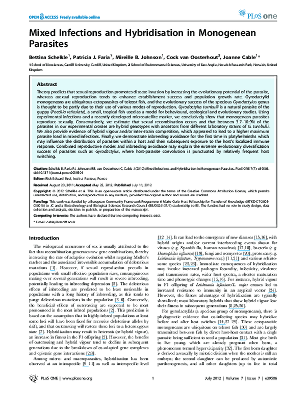 (PDF) Mixed Infections and Hybridisation in Monogenean Parasites