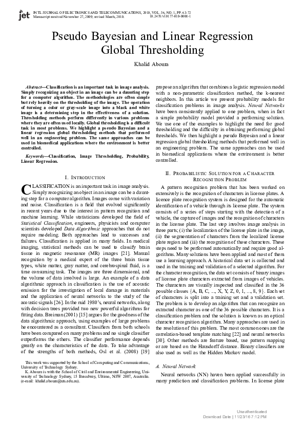 (PDF) Pseudo Bayesian and Linear Regression Global Thresholding