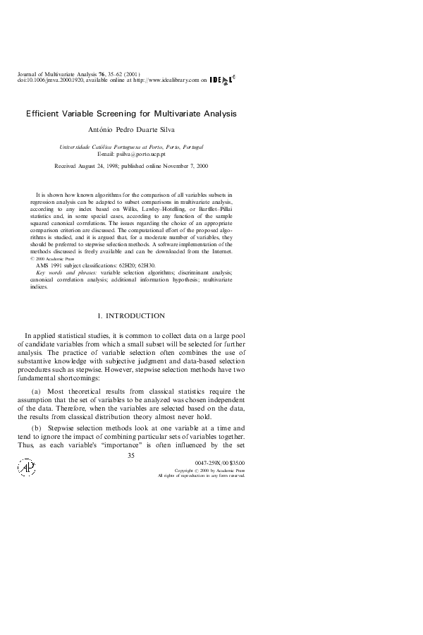 (PDF) Efficient Variable Screening for Multivariate Analysis
