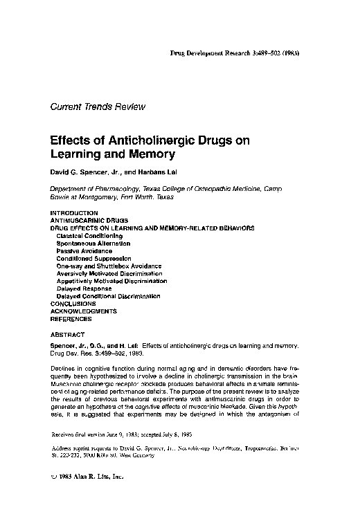 (PDF) Effects of anticholinergic drugs on learning and memory
