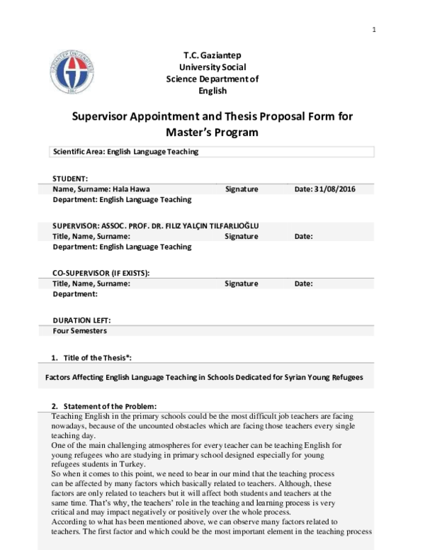 (PDF) Supervisor Appointment and Thesis Proposal Form for Master's Program