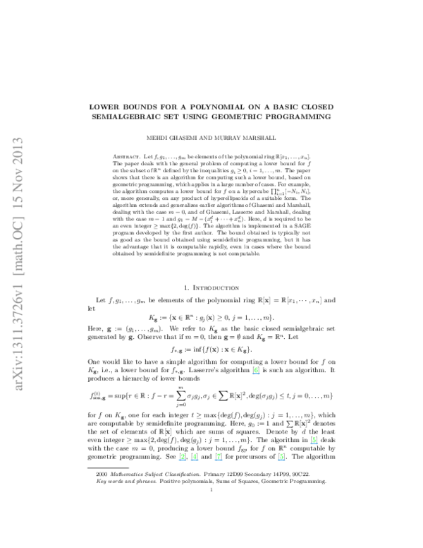 (PDF) Lower Bounds for a Polynomial on a basic closed semialgebraic set using geometric programming