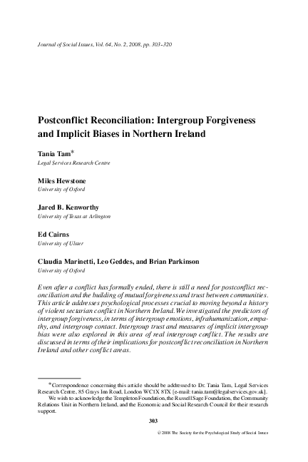(PDF) Postconflict reconciliation: Intergroup forgiveness and implicit ...