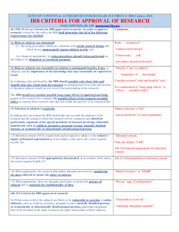 (PDF) IRB CRITERIA FOR APPROVAL OF RESEARCH | Paul Newton, JD, CIP ...