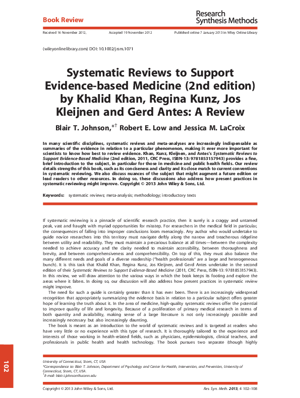 (PDF) Systematic Reviews to Support Evidence‐based Medicine by Khalid ...