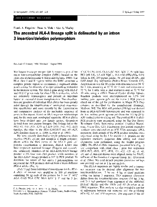 (PDF) The ancestral HLA-A lineage split is delineated by an intron 3 insertion/deletion polymorphism