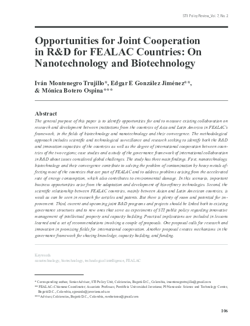 (PDF) Opportunities for Joint Cooperation in R&D for FEALAC Countries ...