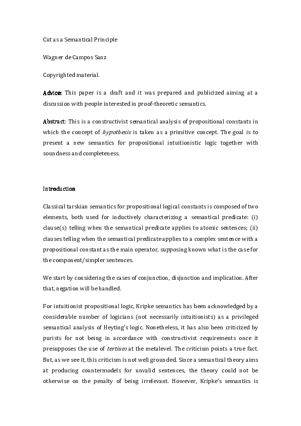 (PDF) Cut as a Semantical Principle