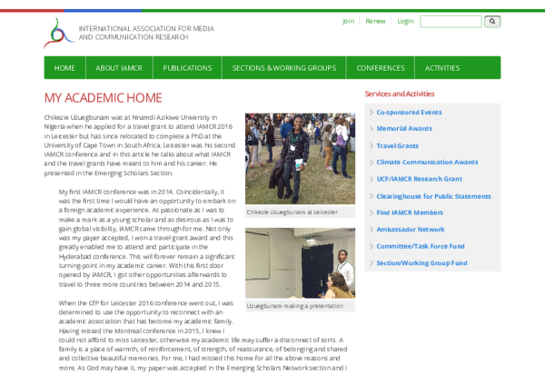 (PDF) My academic home: IAMCR, my academic journey and Leicester 2016