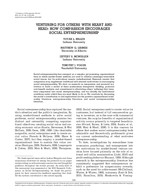 (PDF) Venturing for others with heart and head: How compassion ...