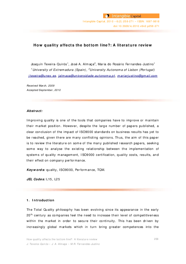 (PDF) How quality affects the bottom line?: A literature review