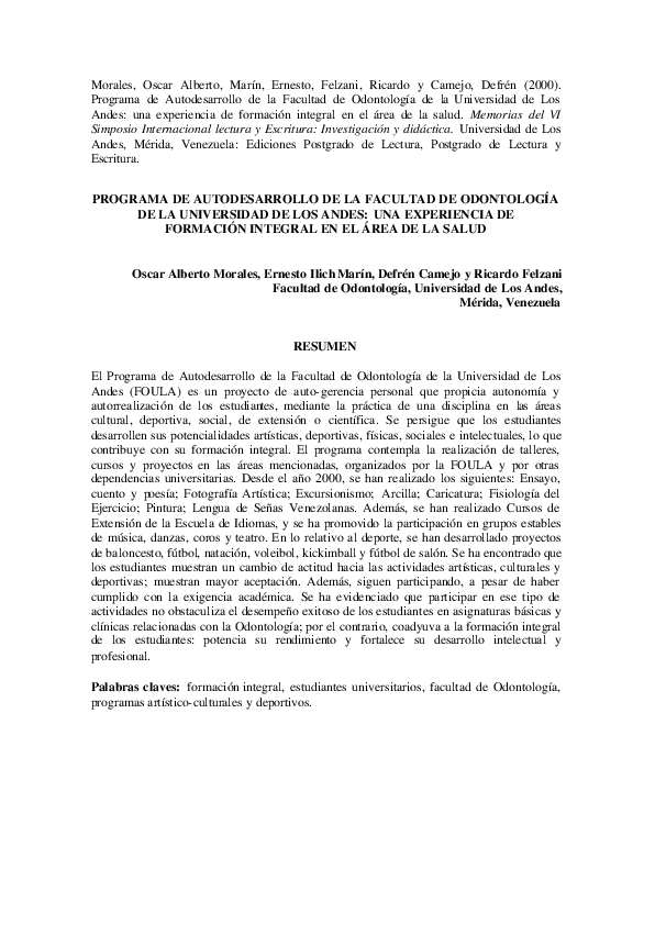 (PDF) PROGRAMA DE AUTODESARROLLO DE LA FACULTAD DE ODONTOLOGÍA DE LA ...