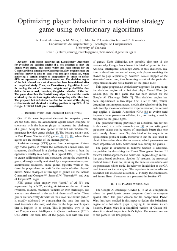 (PDF) Optimizing player behavior in a real-time strategy game using evolutionary algorithms