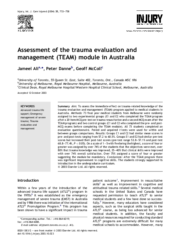 (PDF) Assessment of the trauma evaluation and management (TEAM) module ...