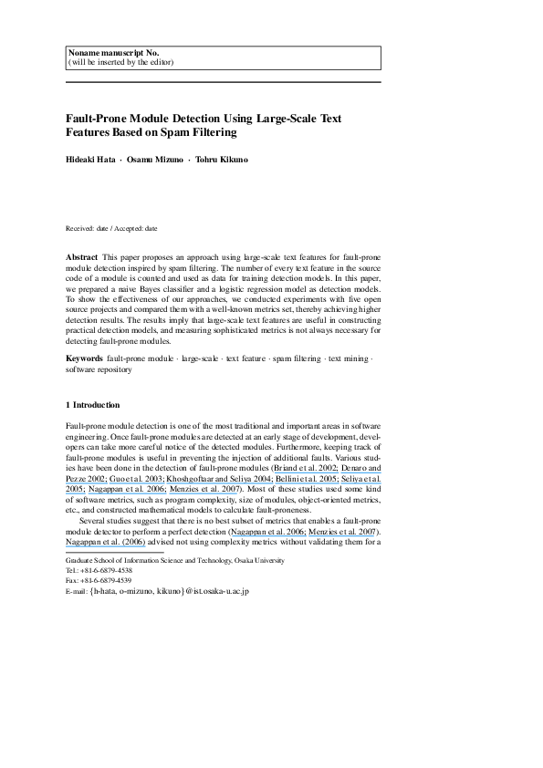 Pdf Fault Prone Module Detection Using Large Scale Text Features Based On Spam Filtering
