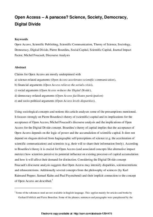 (PDF) Open Access- A Panacea? Science, Society, Democracy, Digital Divide