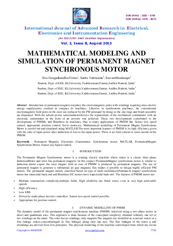 (PDF) MATHEMATICAL MODELING AND SIMULATION OF PERMANENT MAGNET SYNCHRONOUS MOTOR