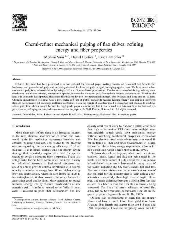 (PDF) Chemi-refiner mechanical pulping of flax shives: refining energy ...