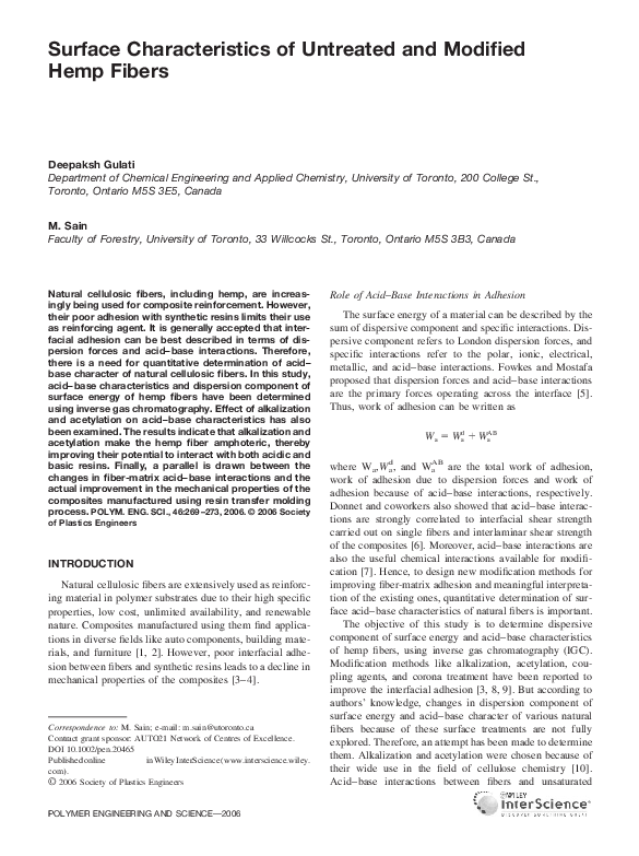 (PDF) Surface characteristics of untreated and modified hemp fibers