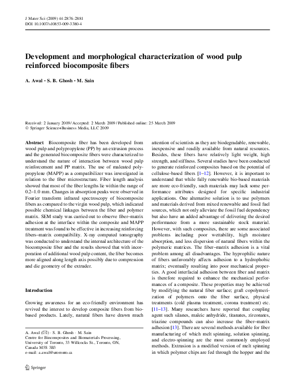 (PDF) Development and morphological characterization of wood pulp reinforced biocomposite fibers