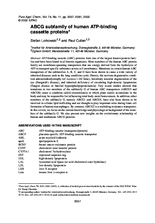 (PDF) ABCG subfamily of human ATP-binding cassette proteins