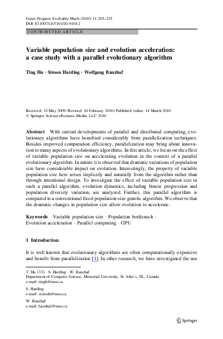 (PDF) Variable population size and evolution acceleration: a case study with a parallel ...