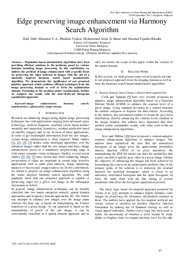 (PDF) Edge preserving image enhancement via harmony search algorithm