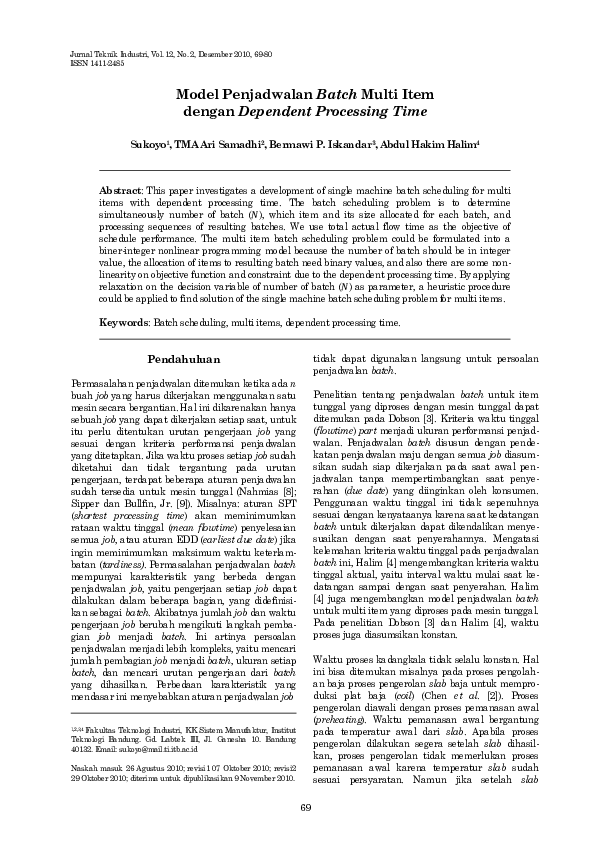 (PDF) Model Penjadwalan Batch Multi Item dengan Dependent Processing Time