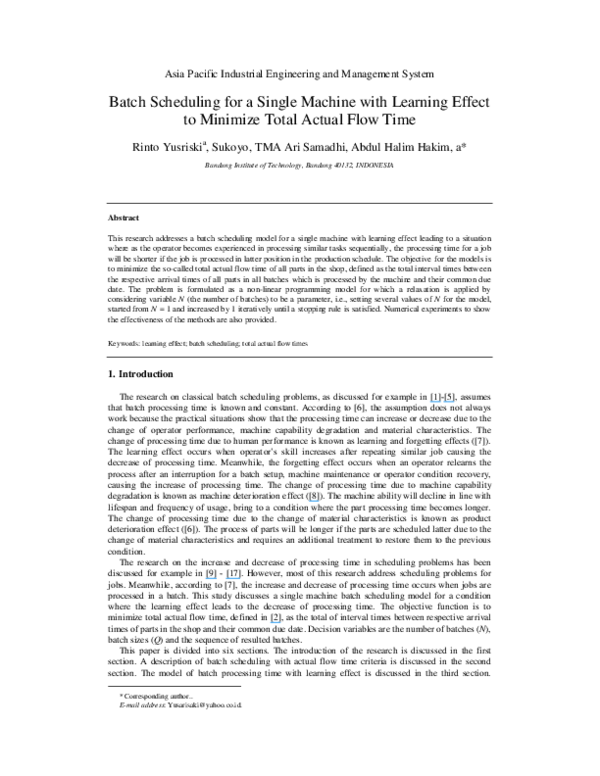 Pdf Batch Scheduling For A Single Machine With Learning Effect To