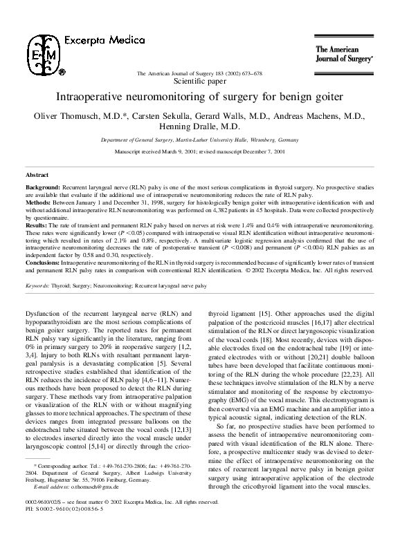 (PDF) Intraoperative neuromonitoring of surgery for benign goiter