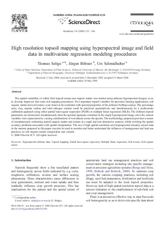 (PDF) High resolution topsoil mapping using hyperspectral image and field data in multivariate ...