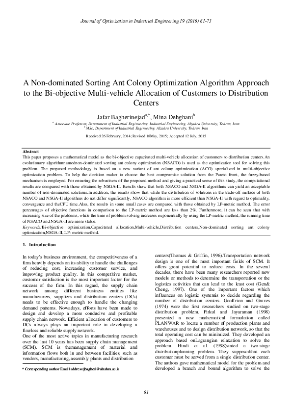 Pdf A Non Dominated Sorting Ant Colony Optimization Algorithm Approach To The Bi Objective