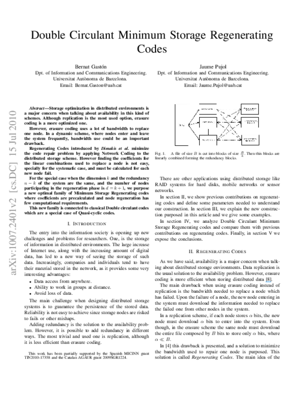 (PDF) Double Circulant Minimum Storage Regenerating Codes
