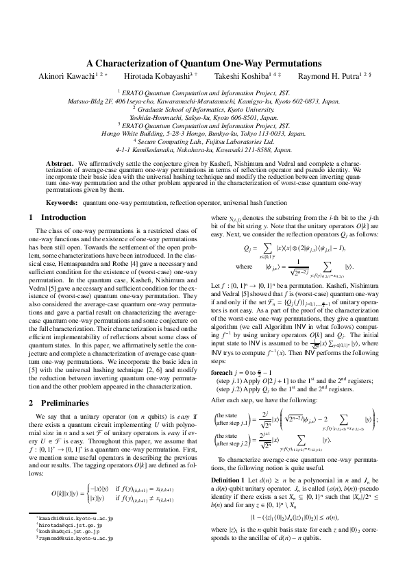 (PDF) A Characterization of Quantum One-Way Permutations