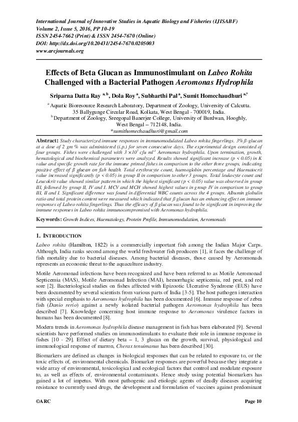 (PDF) Effects of Beta Glucan as Immunostimulant on Labeo rohita ...