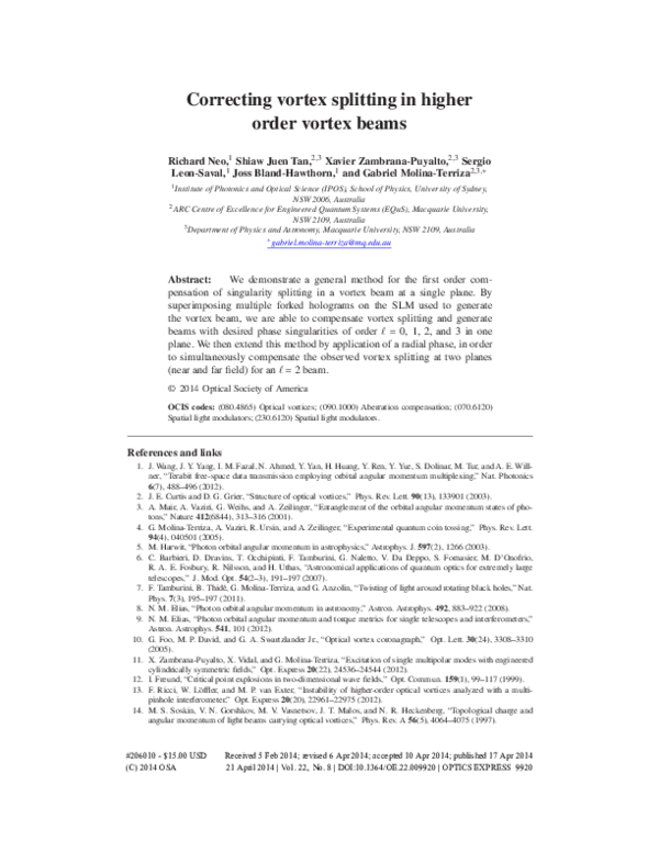 (PDF) Correcting vortex splitting in higher order vortex beams