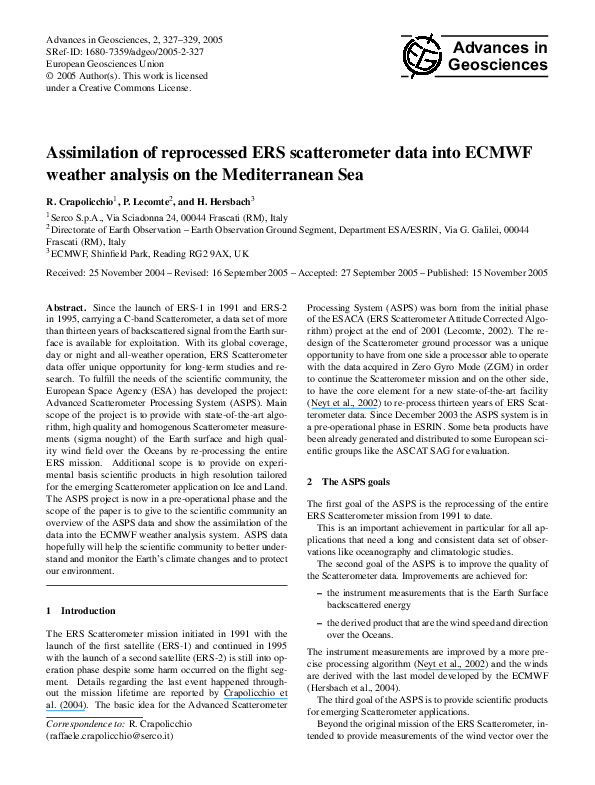 (PDF) Assimilation of reprocessed ERS scatterometer data into ECMWF weather analysis on the ...