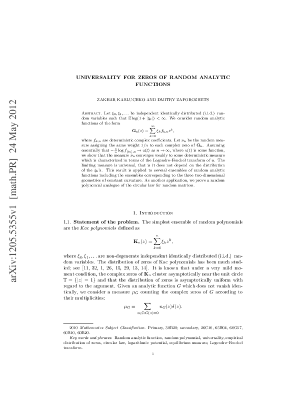 Pdf Universality For Zeros Of Random Analytic Functions Zakhar