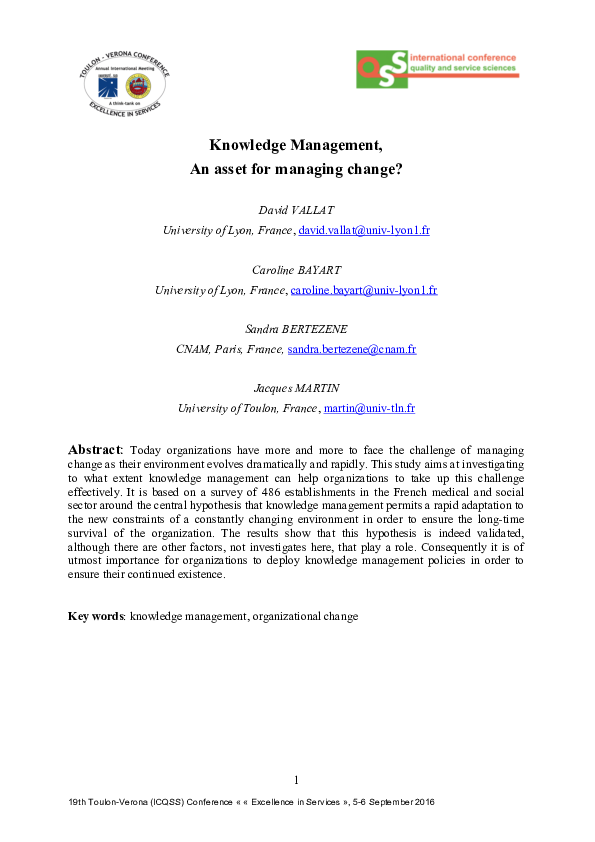 (PDF) Knowledge Management, An asset for managing change
